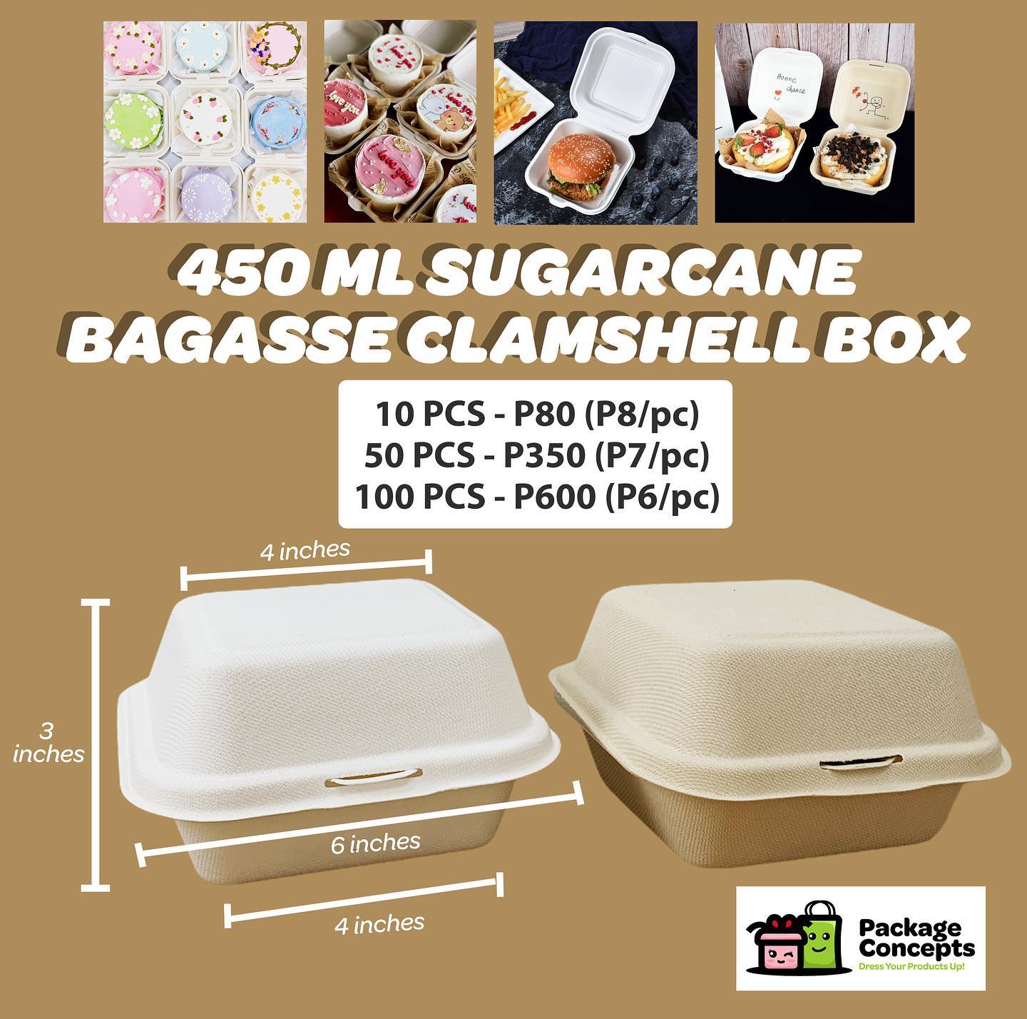 [450ML] Sugarcane Bagasse Clamshell Box – Package Concepts Manila