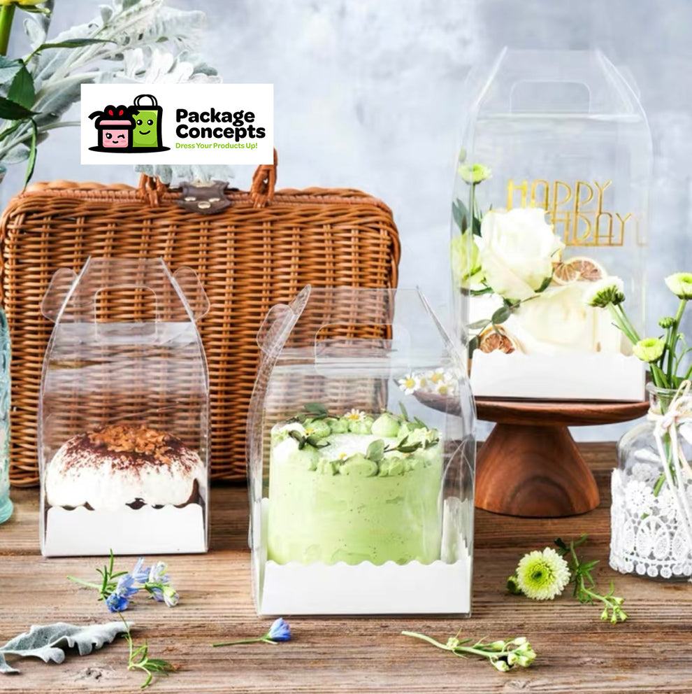 [SQUARE] Acetate Gable Box with Handle & Liner | For Mini Cakes & Past ...